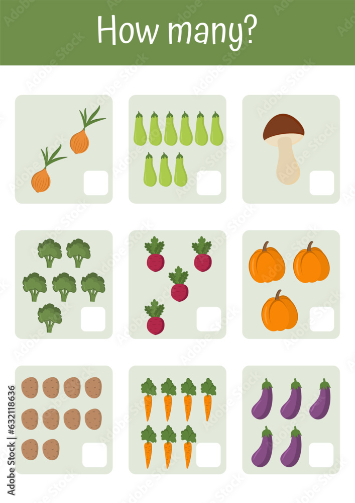 Vegetables and fruits mathematic lists. Counting, how many game ...