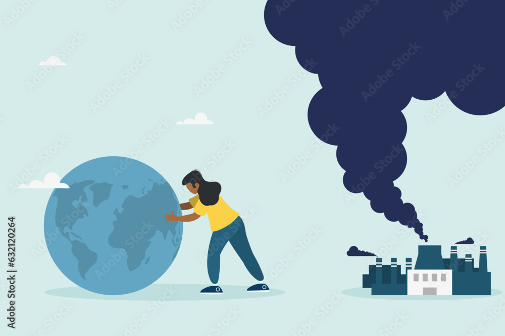 Vettoriale Stock Businesswoman is trying to save the planet earth from ...