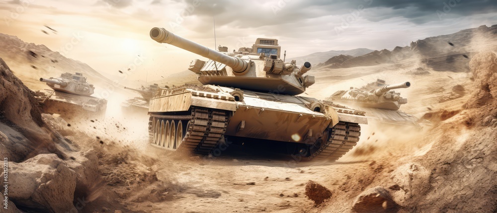 Foto de main battle tanks drive crosses in the desert, Military or army ...