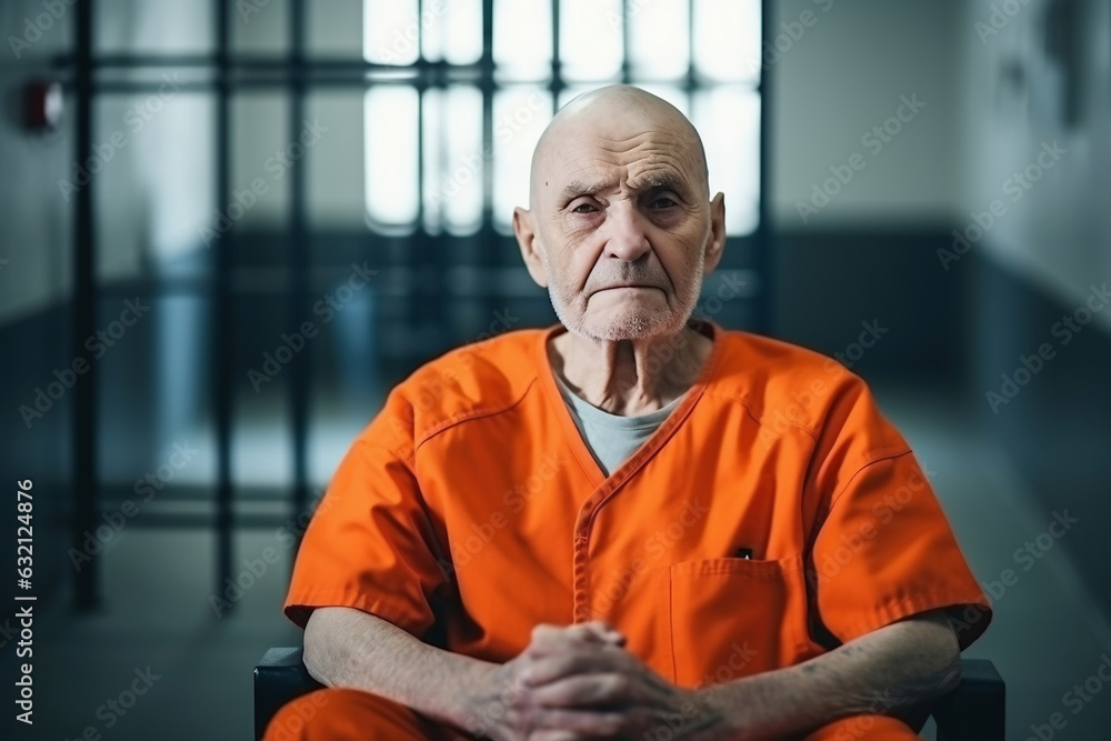 Elderly criminal in orange uniform sits on prison bed and thinks about ...
