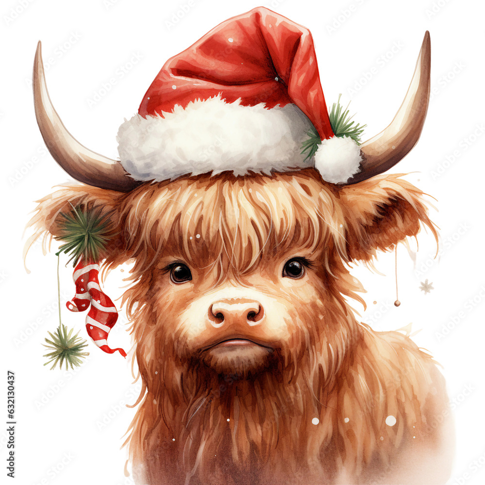 Cute highland cow with Christmas Santa Claus hat watercolor clipart ...