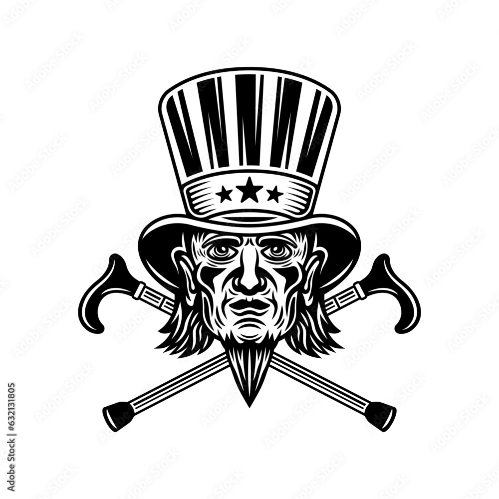 Uncle Sam head vector, man in cylinder hat with goatee beard and two ...