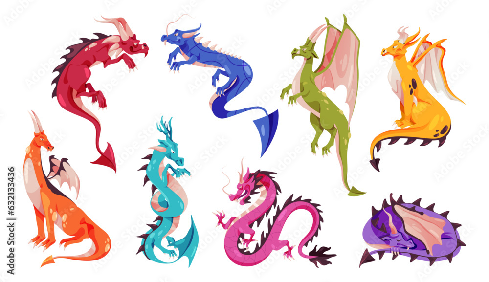 Fairy tale dragons, magic creature with tail and wings. Vector fantasy ...
