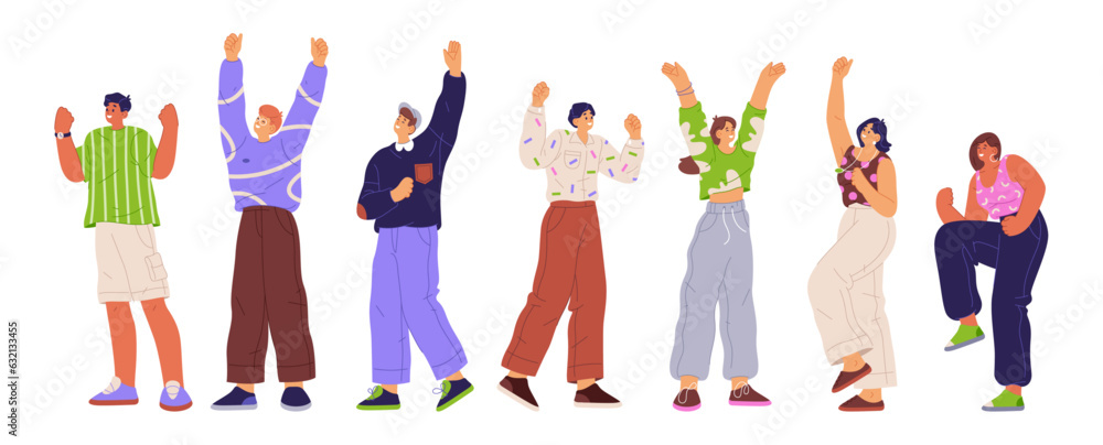 Men and women cheering and celebrating victory, flat cartoon vector ...