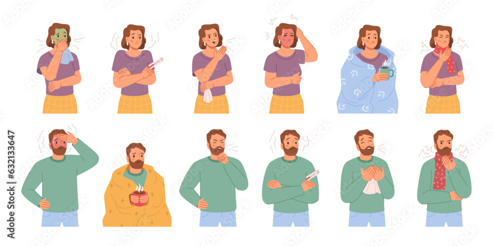Poster People with sick symptoms flat cartoon people feeling unwell ...
