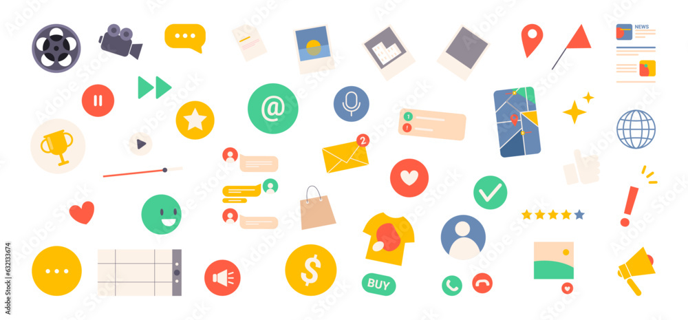 Smartphone application icons and buttons, flat cartoon vector ...