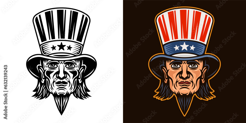 Uncle Sam head vector, man in cylinder hat with goatee beard ...