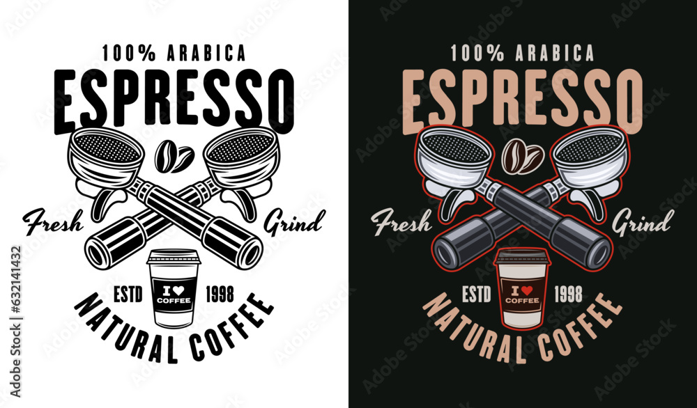 Espresso coffee vector emblem, logo, badge or label with portafilters ...