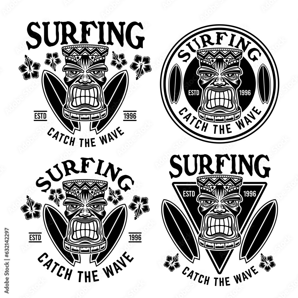 Surfing set of vector emblems, badges, labels, stickers or logos with ...