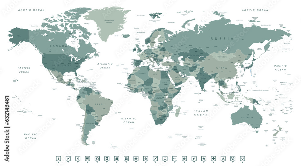 World map. Highly detailed map of the world with detailed borders of ...