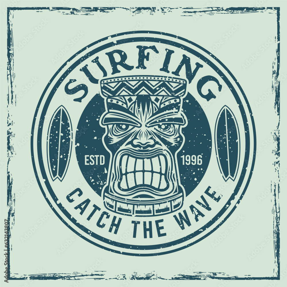 Surfing vector emblem, badge, label, sticker or logo with tiki head and ...