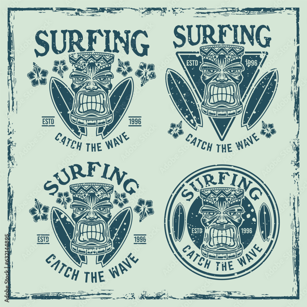 Surfing set of vector emblems, badges, labels, stickers or logos with ...