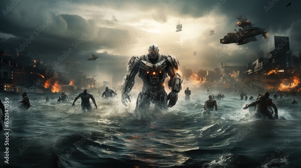 Sci-fi military giant war machine. Humanoid robot in apocalypse ...