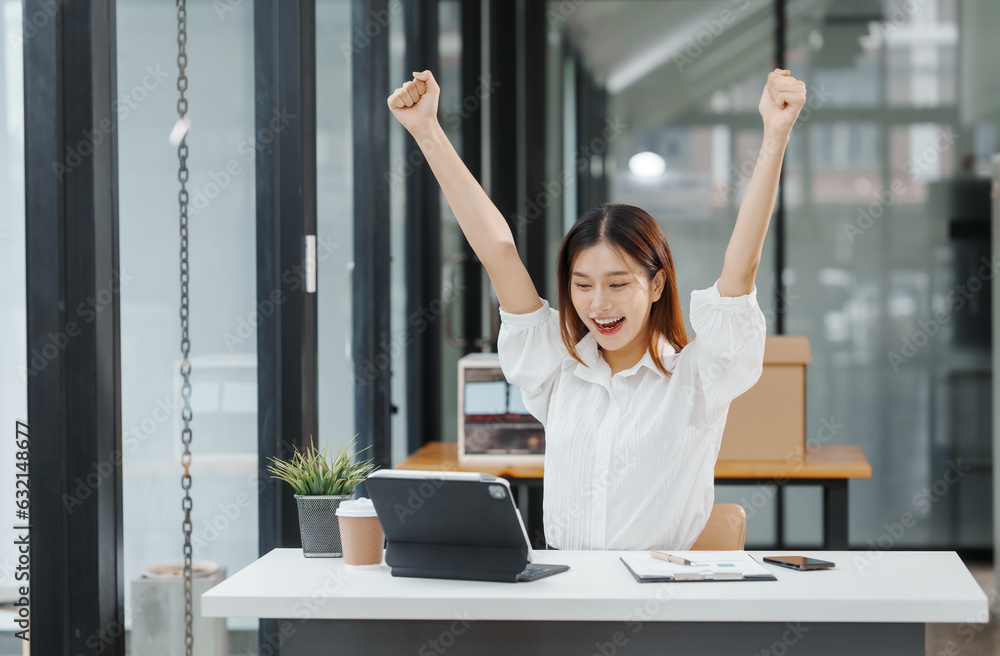 Excited Female secretary business woman in South Korean workplaces ...