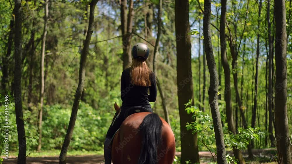 Live camera follows unrecognizable woman riding horse in summer spring ...
