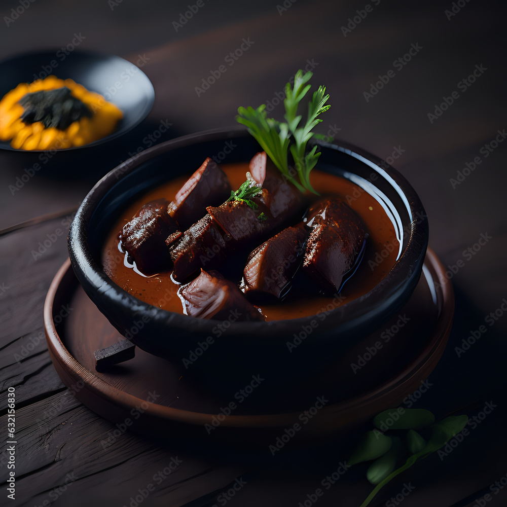diffusion aesthetic warm beef rendang food with wooden tabel generative ...