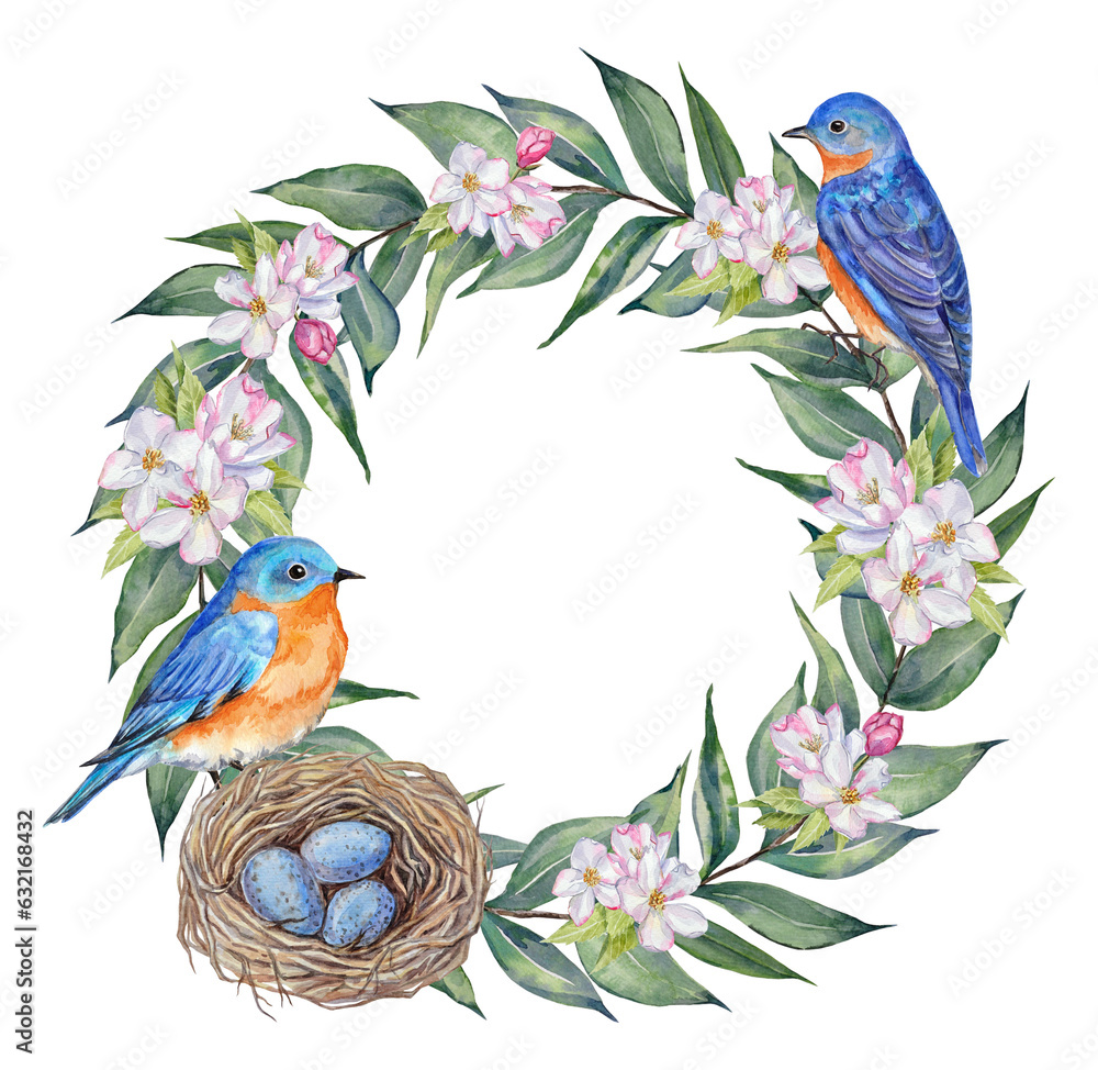 Watercolor wreath with hand-painted elements of a bird nest, bluebirds ...