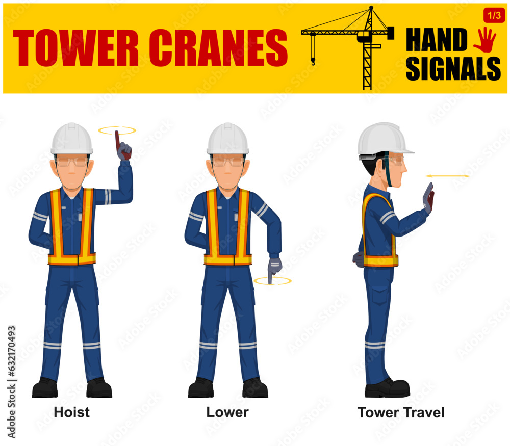 Set of worker present Tower cranes hand signal on white background ...
