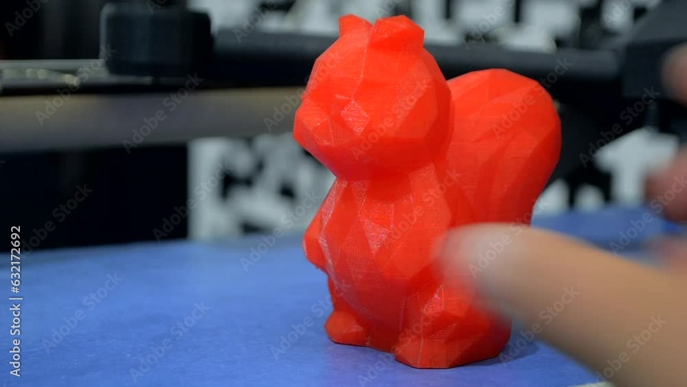 Person placing red model printed on a 3D printer from melted plastic on ...