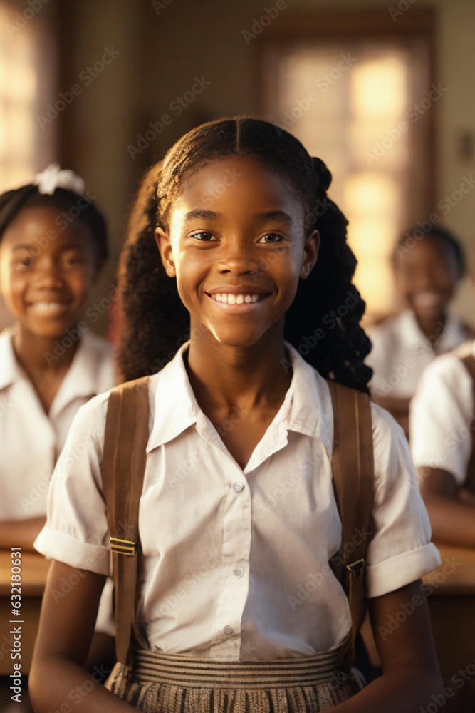 niña parada con sus compañeros con uniforme en el aula sonriendo, aula ...