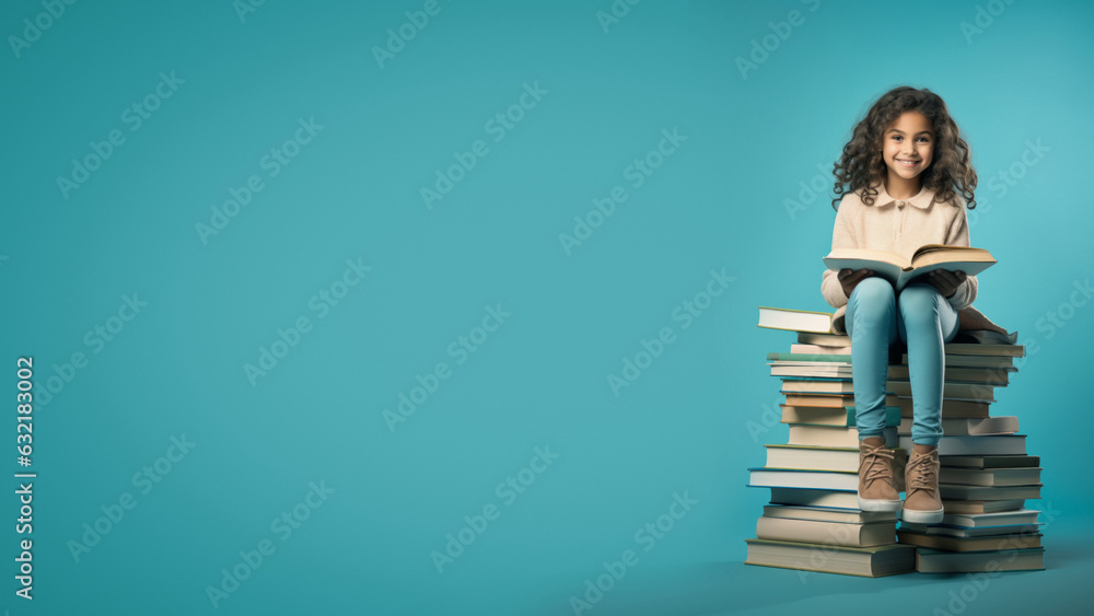 Young student girl sitting on top of a stack of books, enjoying reading ...