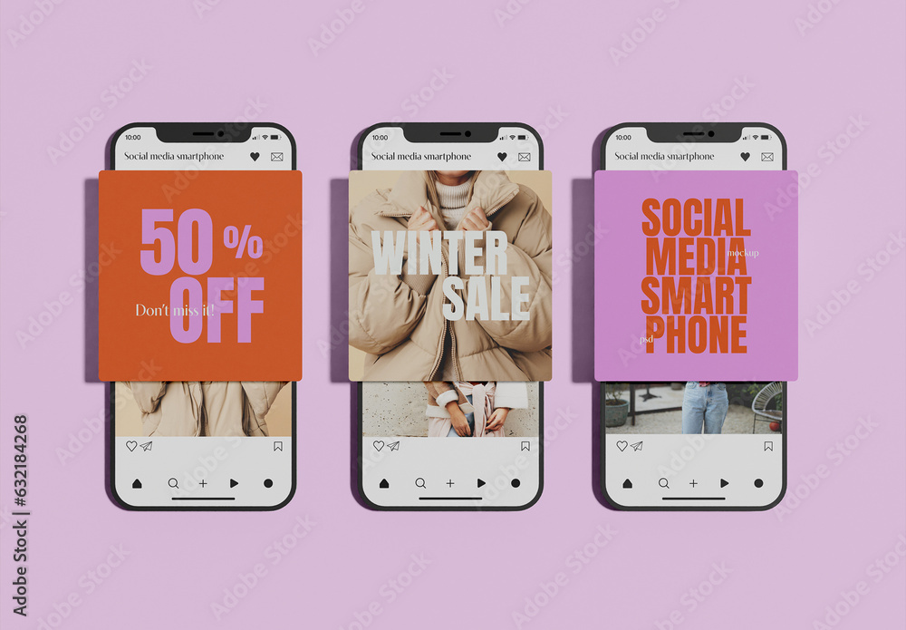 Three Smartphone with Square Post Layout Mockup Stock Template | Adobe ...