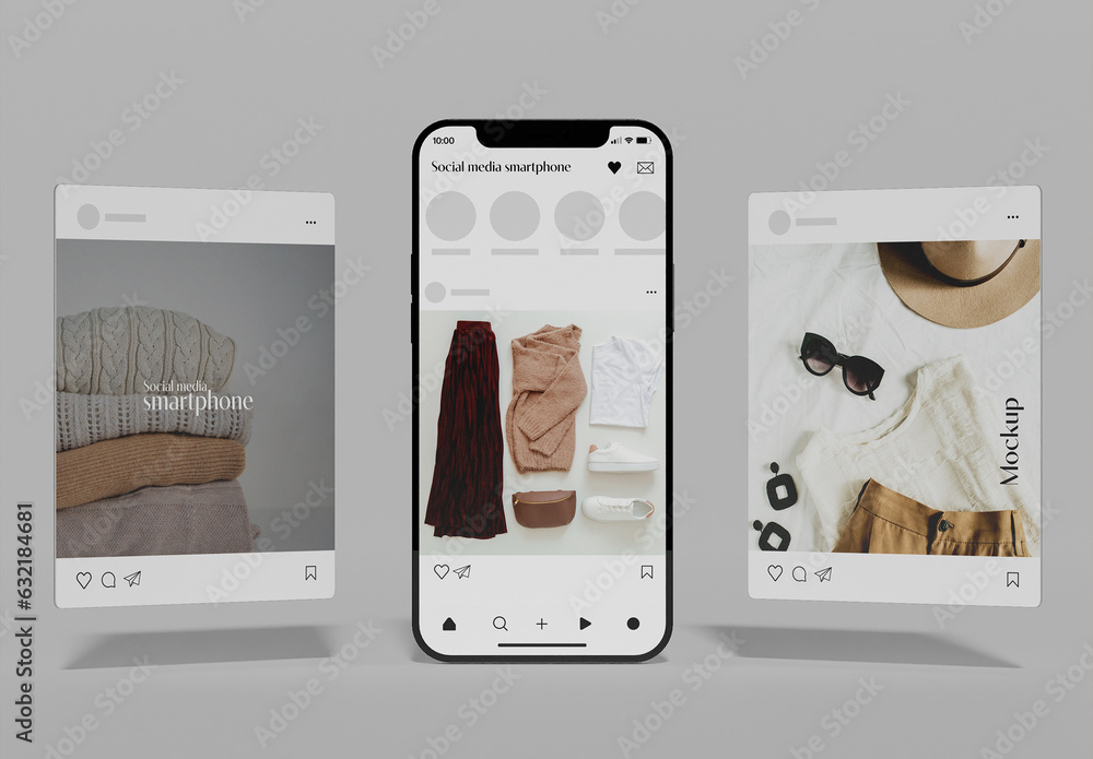 Smartphone with Social Media Post Layouts Screen Mockup Stock Template ...