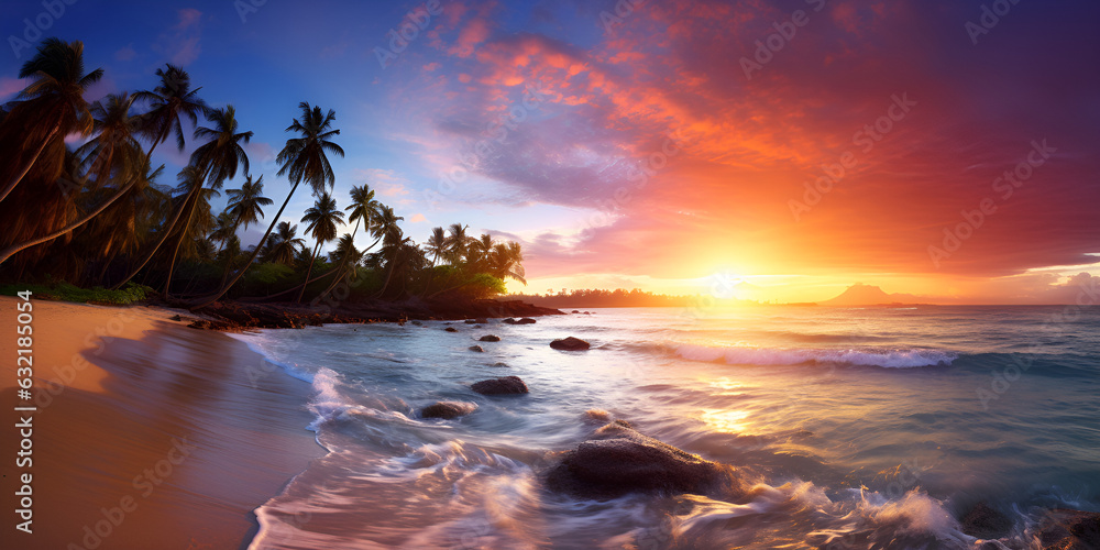 A beach at sunset with palm trees and a sunset in the background, A ...