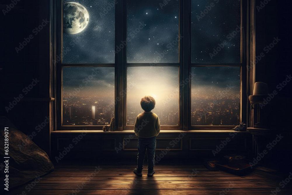 Child Looking Out The Big Window, Rear View The Surface Of The Moon In ...