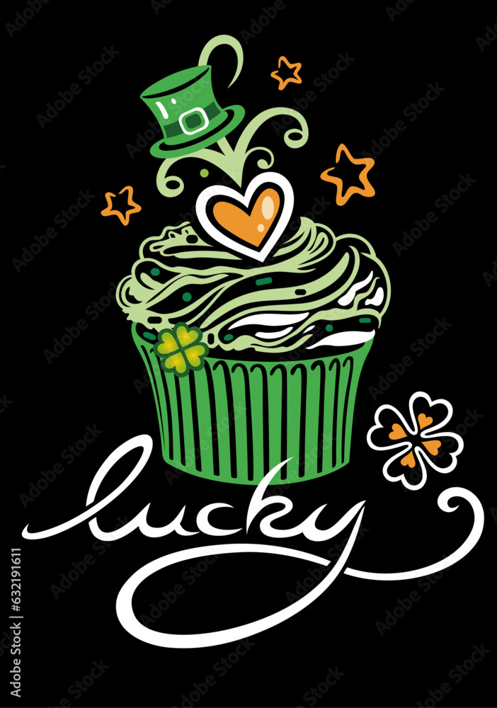 St Patricks Day Cupcake mit glücksbringenden Symbolen. Kleeblatt mit ...