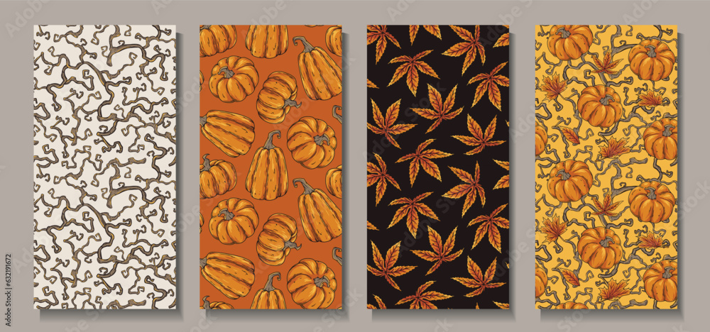 Halloween set of seamless patterns with pumpkins and autumn leaves for ...
