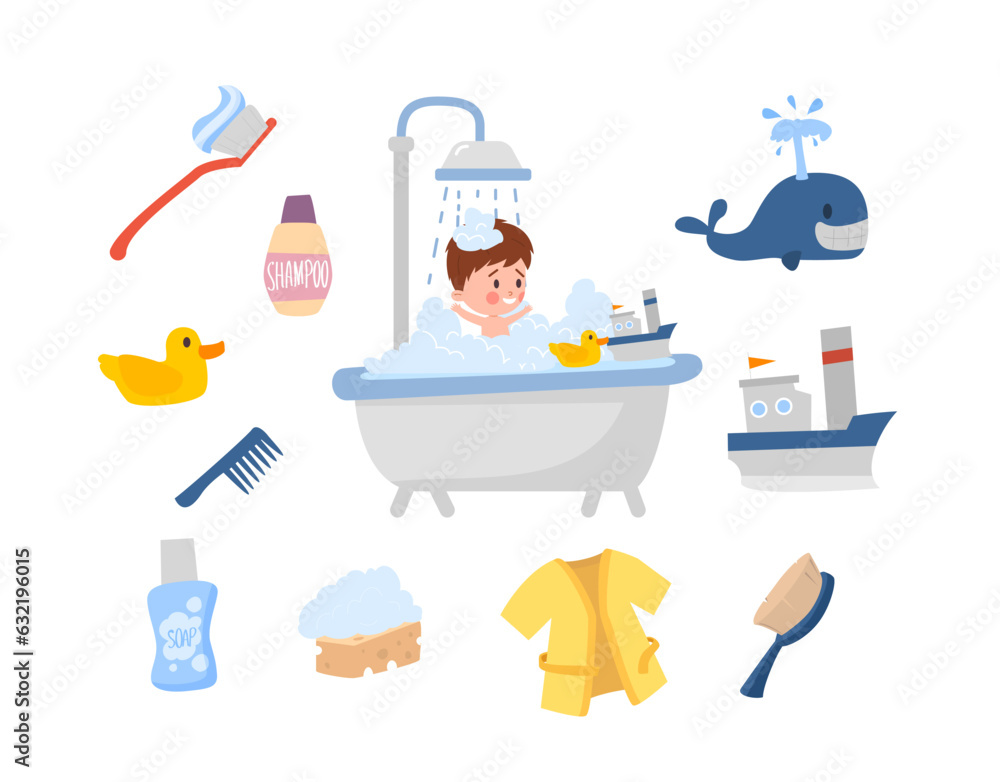Happy child taking foamy bath with toys, cartoon flat vector ...