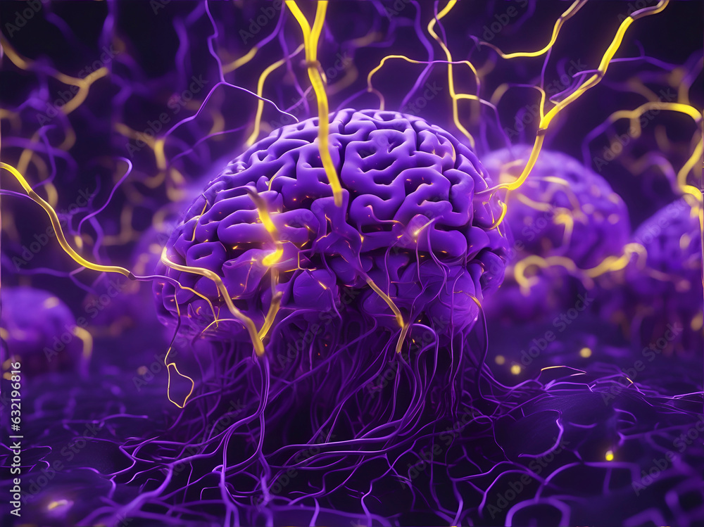 Surreal purple brain and Neural network with electrical activity as Generative AI illustration ...
