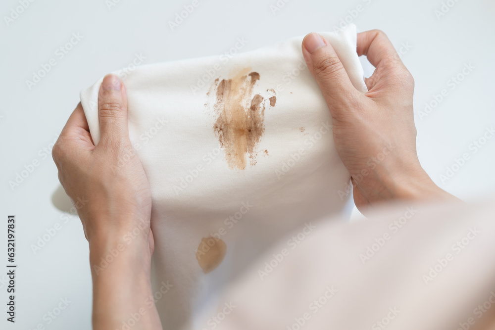 dirty food mark on clothes, Close-up food stain dirt on the shirt ...