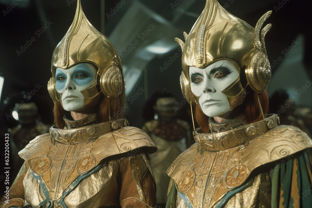 Actors in a retro sci-fi television show from the 1970s. They are ...