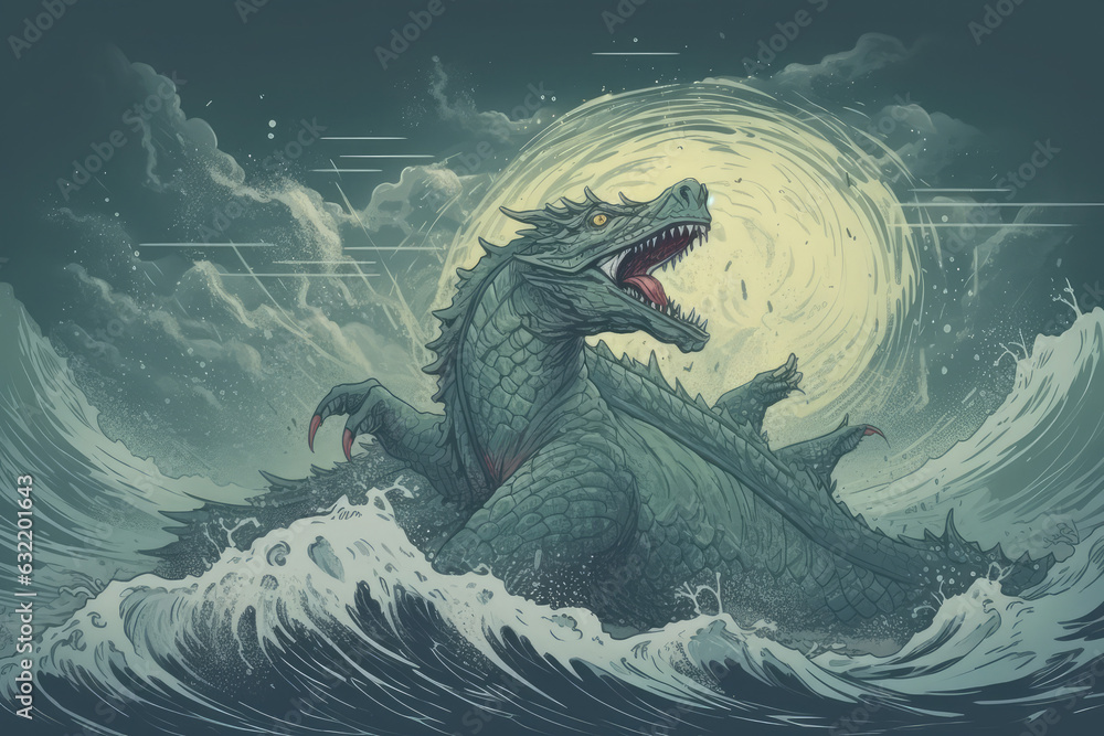 Intense kaiju like lizard monster in a violent ocean storm with thunder ...