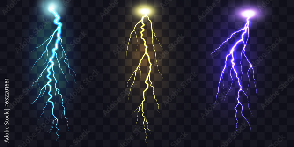 Electric discharge. A set of pink, yellow and blue lightning isolated ...
