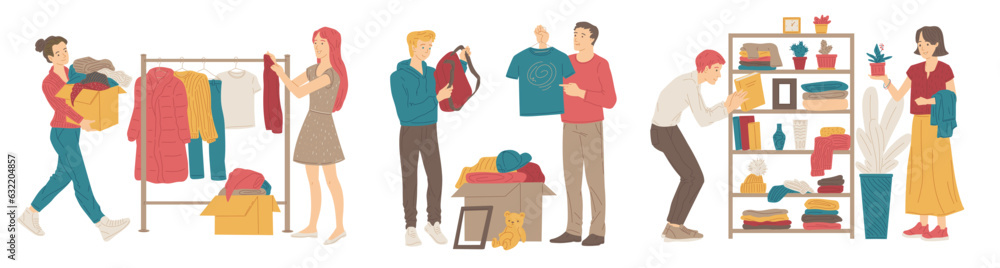People buying used goods in second hand shop, flat vector illustration ...