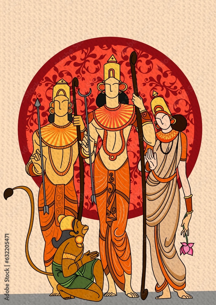 ancient ram, lakshman, sita nad hanuman ji god painting, unique style ...