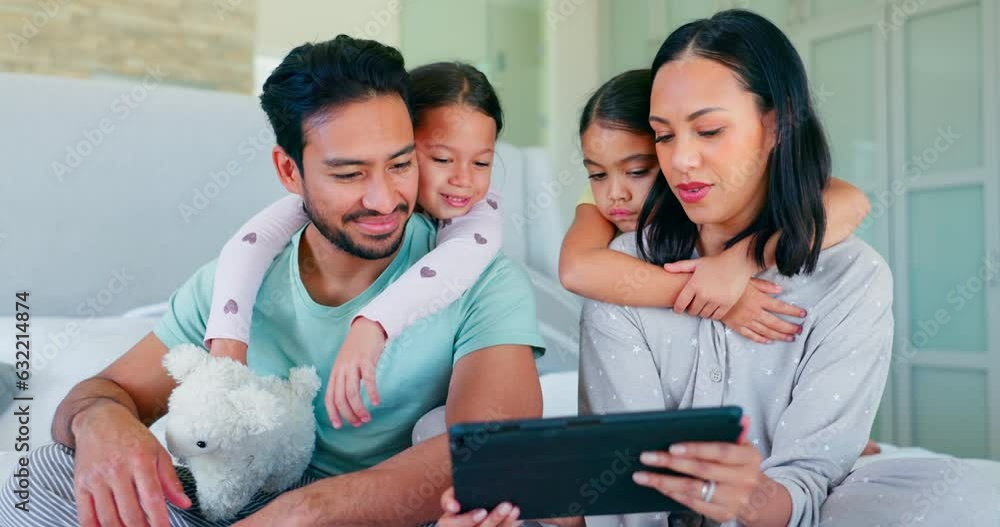 Tablet, funny and family in home bedroom, bonding and streaming movie ...