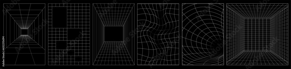 Set of distorted vertical grid pattern, flower text pattern. Y2K Retrowave shapes, geometry ...