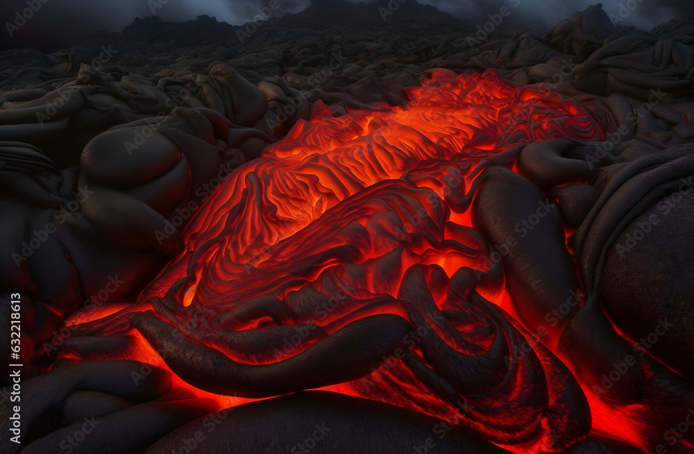 Generative AI image of red hot lava, molten magma flows onto solidified ...