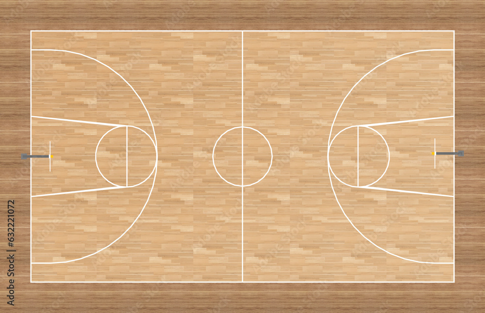 basketball court with wooden parquet flooring and markings lines ...