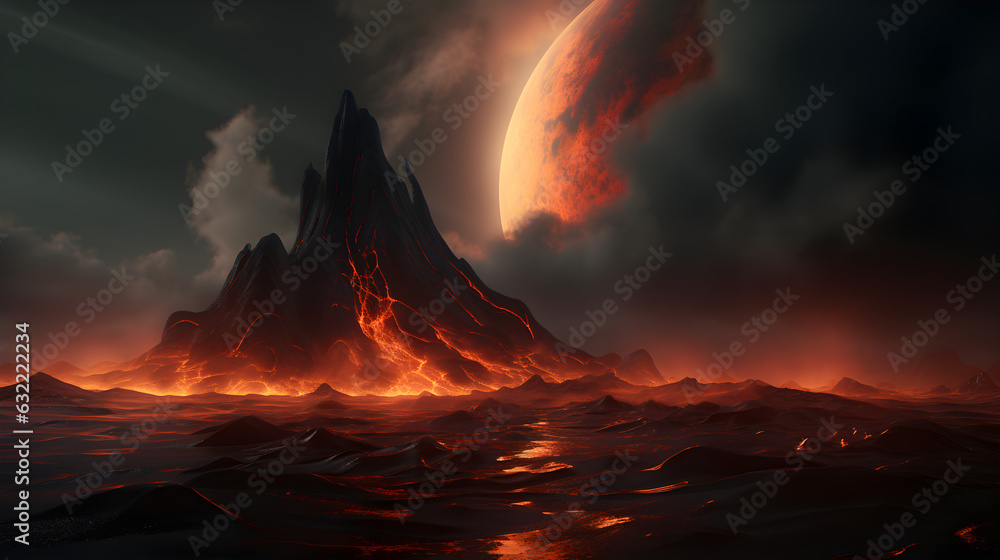 Generative AI image of red hot lava, red moon, on a distant alien ...