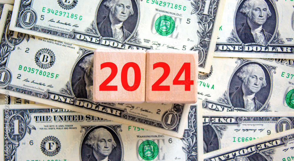 2024 happy new year symbol. Wooden cubes with number 2024. Dollar bills ...