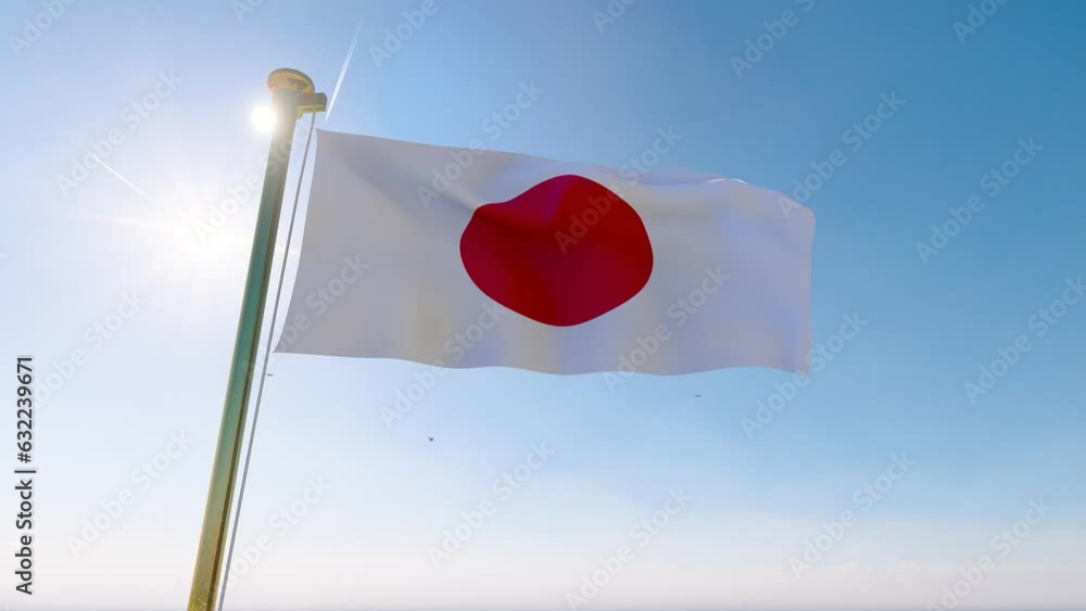 Flag of Japan waving in the wind, sky and sun background video. Japan ...