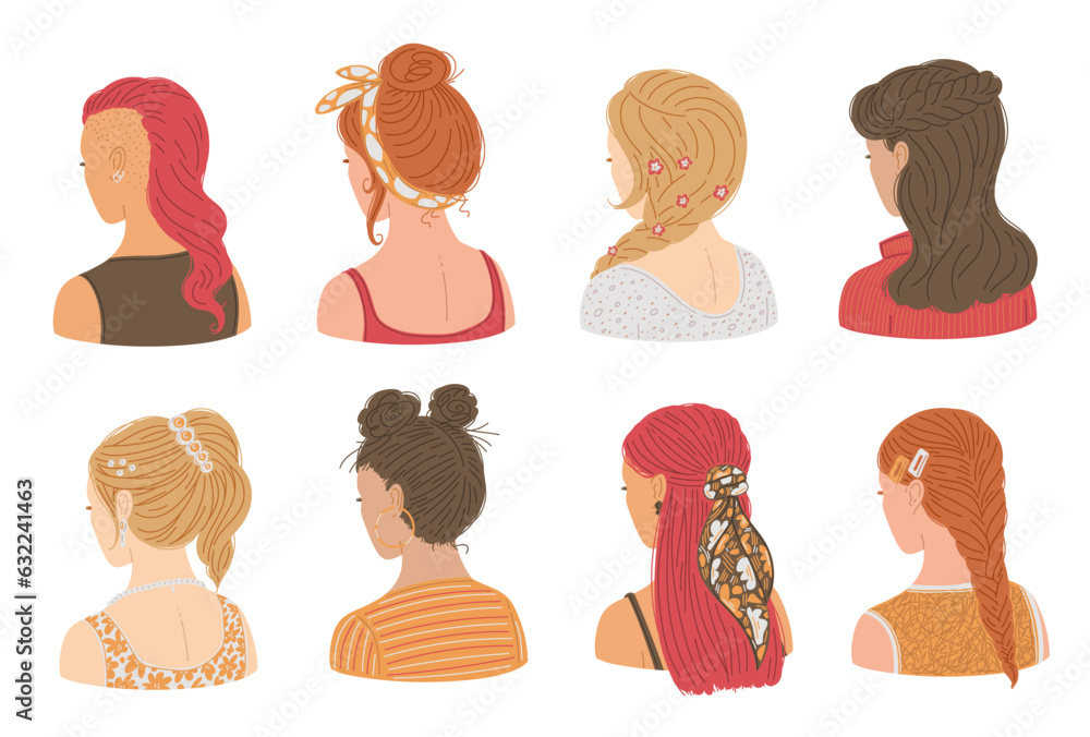Set of women with various elegant hairstyles, view from behind - flat ...
