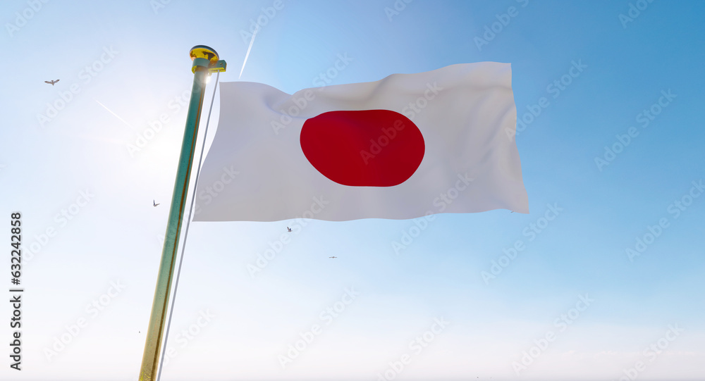 Flag of Japan waving in the wind, sky and sun background. Japanese Flag ...