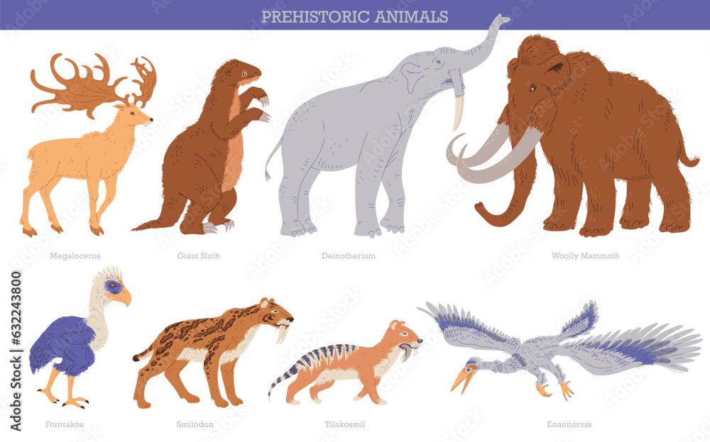Set of vector illustrations of prehistoric period animals and birds ...