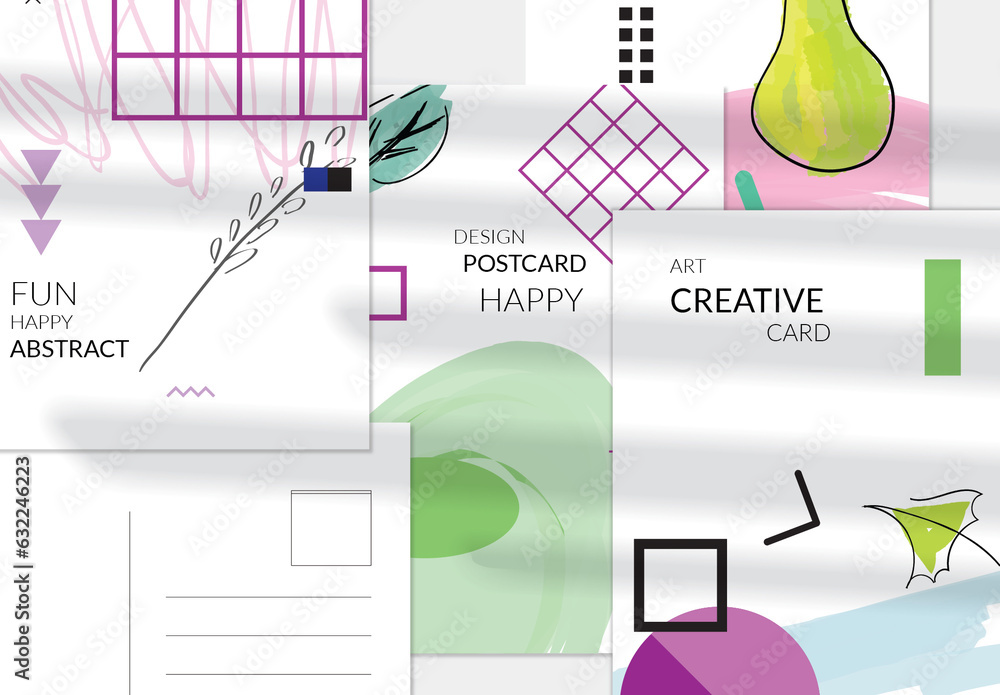 Postcard Layout with Hand Drawn Abstract Floral Doodles and Geometric ...